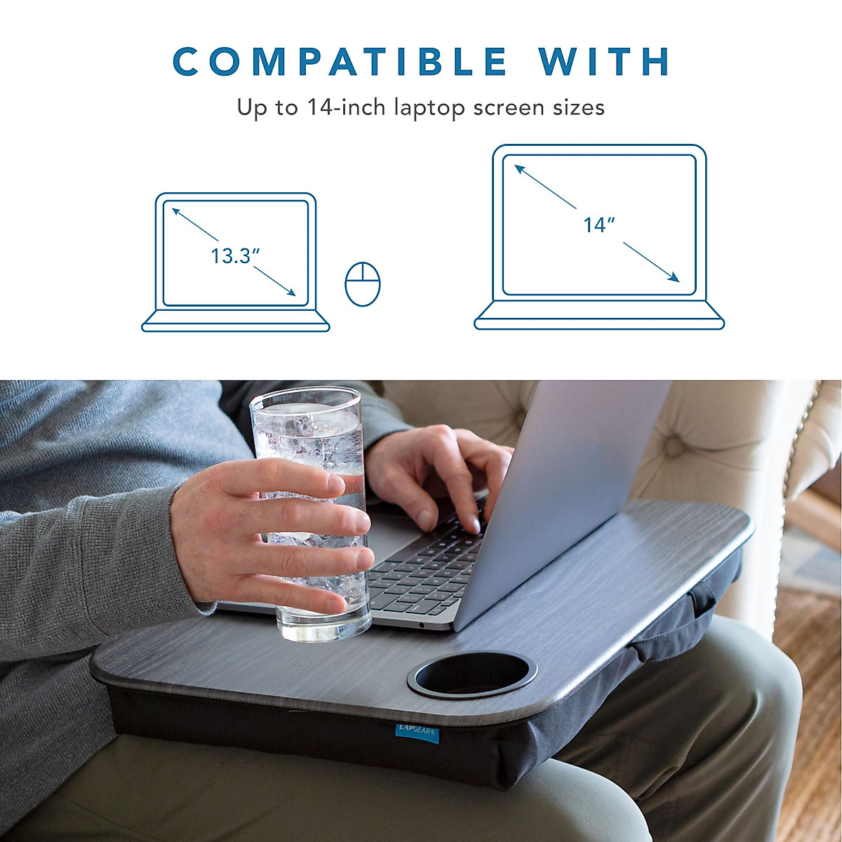 LAPGEAR Cup Holder Lap Desk with Device Ledge - Gray Woodgrain - Fits up to 14 Inch Laptops - Style No. 46325