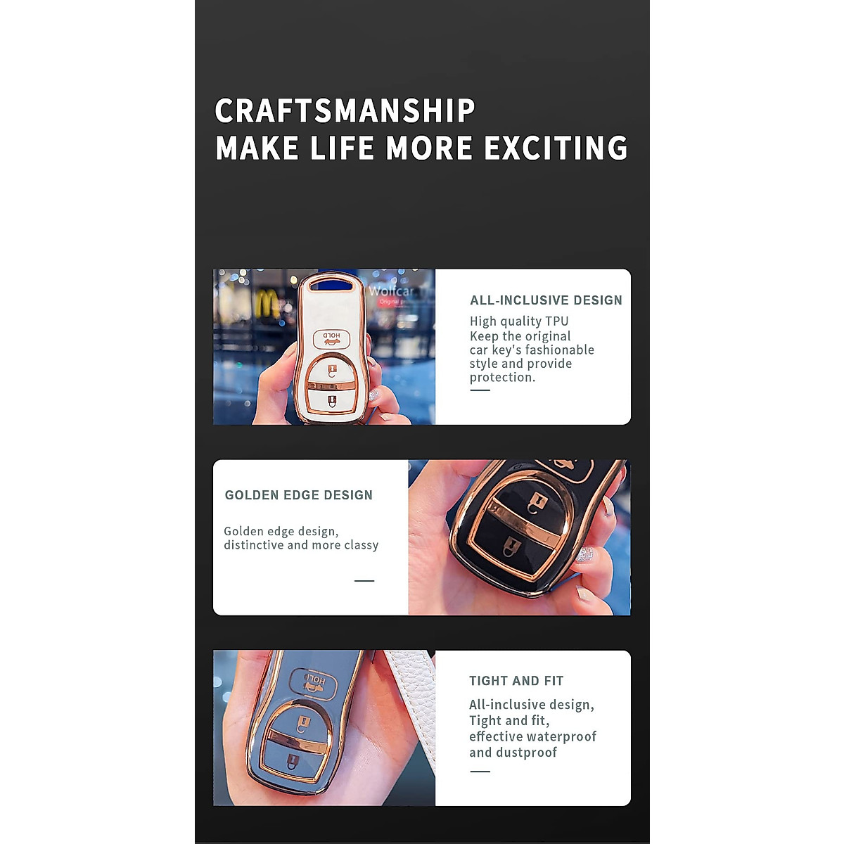 SANRILY TPU Golden-Edge 4 Button Smart Key Fob Cover Case for Nissan Sentra Altima Xterra Maxima 350Z,for Infiniti QX56 G35 i35 Keyless Key Holder with Bling Leather Keychain Blue