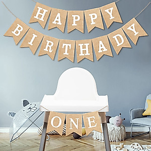 1st Birthday Party Decoration First Birthday Banner Rustic Happy Birthday Burlap Banner One High Chair Banner One Sign for First Birthday Baby Girl Boy Birthday Nursery Supplies, White Alphabet