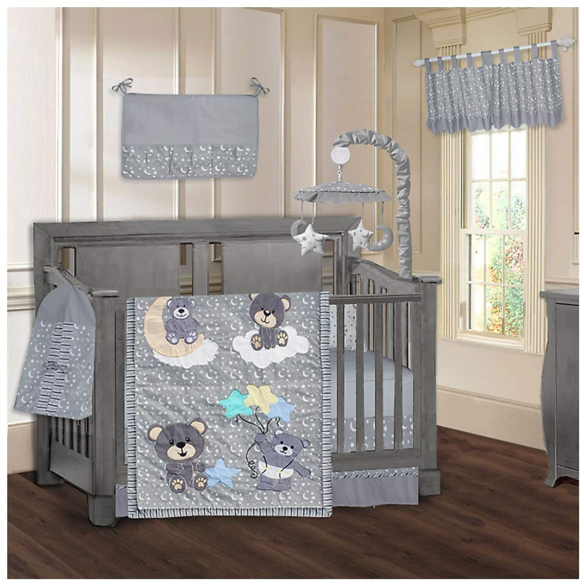 BabyFad Teddy Bear Grey with Stars, Moon and Cloud 100% Cotton Nursery for Baby Boys and Girls, Musical Mobile 9 Piece Crib Bedding Set
