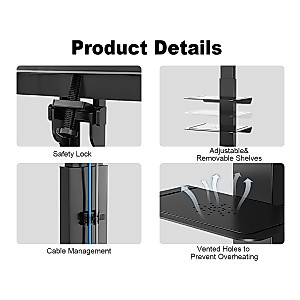 YOMT Floor TV Stand with Sturdy Wood Base, Tall Universal TV Stand with Mount for Most 32-75 inch TVs up to 110 lbs, Height Adjustable TV Stand with Swivel, TV Mount Stand with Media Shelves, Black