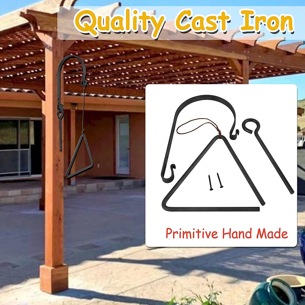 Cast Iron Triangle Dinner Bell Chuckwagon Wall Mounted Primitive Hand Made Metal Bell Cowboy Western Wagon Decor Suitable for Outdoor Farm Garden Kitchen (Hand Forged Dinner Bell + Hanger + Striker)