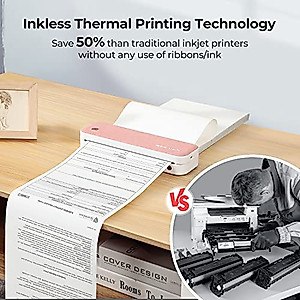MUNBYN Portable Printer ITP01, Bluetooth Thermal Printer for Travel, Support 8.5x11 US Letter & A4 Paper, Compatible with Android and iOS Phone & Laptop, Inkless Printer for Mobile Office(Pink)