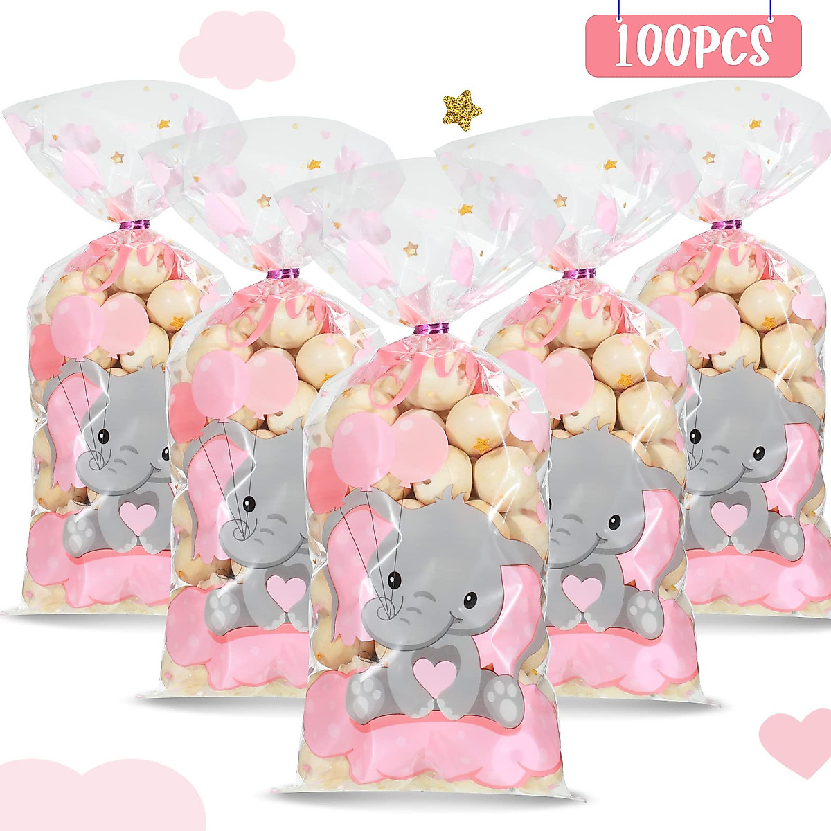 100 Pieces Baby Shower Cellophane Treat Bags Cute Candy Bags Baby Shower Favors Gender Reveal Plastic Goodie Storage Bags with 100 Twist Ties for Baby Shower Birthday Party Supplies (Pink)