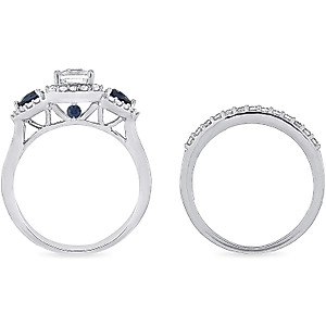 .925 Sterling Silver Radiant Cut Cubic Zirconia & Trillion Cut Lab Created Blue Sapphire Halo Three Stone Engagement and Wedding Ring Set - Size 7