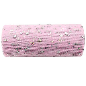 Ruiwaer 10 Yard Pink Star Sequins Tulle Sparkling Tulle 6" Width Tulle Roll for Handmade Crafts Such as Bows, Skirts or Gift Wrapping