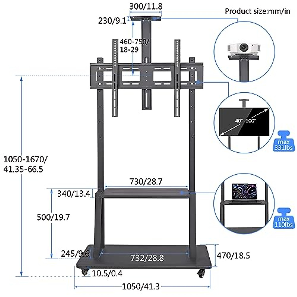 Suptek Mobile TV Cart Floor Stand for 40-100 inch TVs and LED LCD Screens Max 900x600 VESA Large Base Height Adjustable (ML1800B)