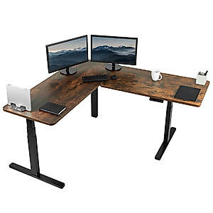 VIVO Electric Height Adjustable 67 x 60 inch Corner Stand Up Desk, 2 Rustic Vintage Brown Solid Table Tops, Black Frame, Memory Controller, L-Shaped Workstation, 3E Series, DESK-KIT-3E6N
