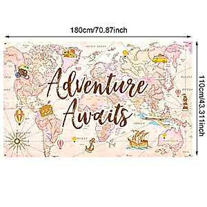 Travel Themed Party Decorations Supplies Adventure Awaits Bon Voyage Backdrop Adventure Map Backdrop for Graduation Birthday Party Baby Shower Photo Booth Pink, 70.8 x 43.3 Inch