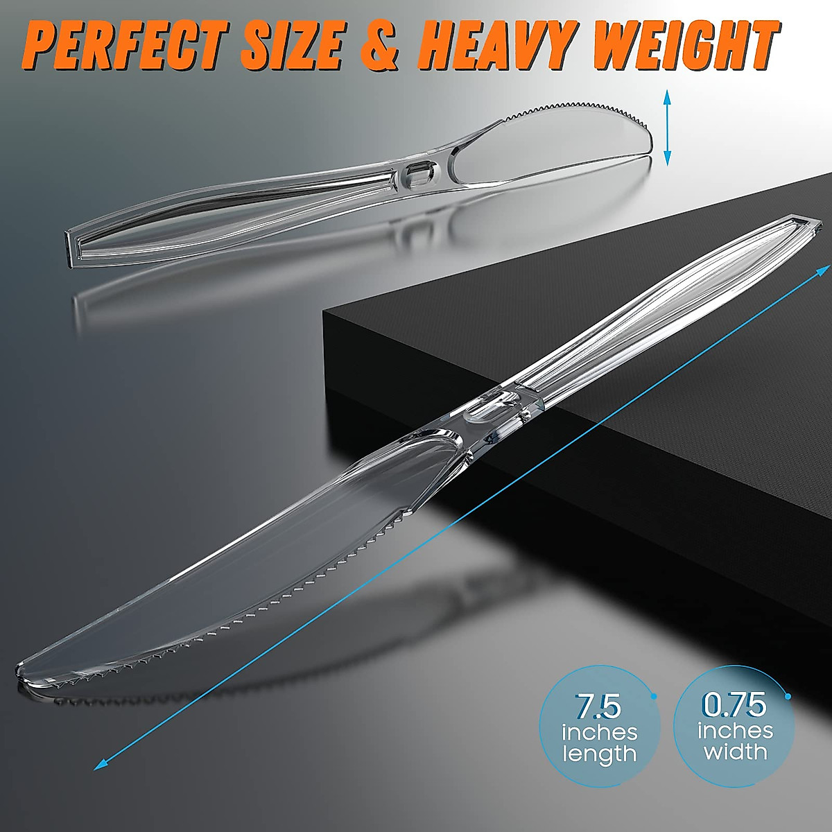 Dipoo 7.5" Clear Plastic Knives Heavy Duty Upgraded Heat Resistant & BPA Free, Solid and Durable Plastic Cutlery, Premium Disposable Knives, for Party Supply(84 Count)