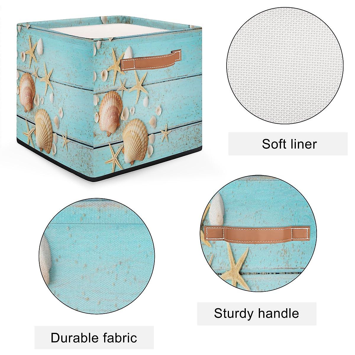 Summer Seashells Cube Storage Baskets Fabric Seashells Border on Sand Storage Bins Boxes Collapsible Organizer Bin with Handles for Shelves,Toys, Towels, Closet,Shelf Basket