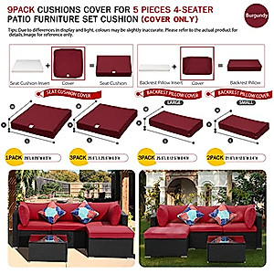 9 Pack Outdoor Patio Cushions Pillows Replacement Covers Fit for 5 Pieces 4-Seater Wicker Rattan Furniture Conversation Set Sectional Sofa Chair,Water-Resistant Fadeless,Burgundy-Cover Only