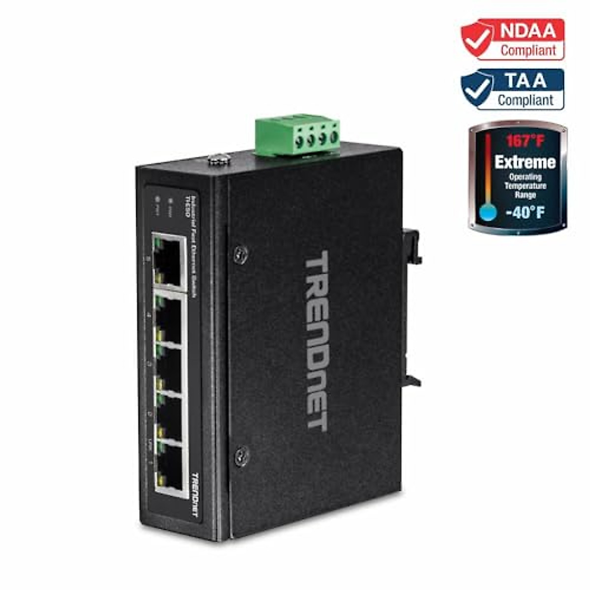 TRENDnet 5-Port Industrial Unmanaged Fast Ethernet DIN-Rail Switch, 5 x Fast Ethernet Ports, IP30, Operating Temperature Range of -40° – 75°C (-40° – 167°F), Lifetime Protection, Black, TI-E50