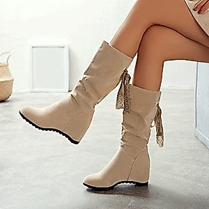Apostrophe Boots Ladies Solid Color Lace Ribbon Inner Heightening Fashion Medium Boots Tan Knee High Boots for Women Heel (b-Beige, 9)