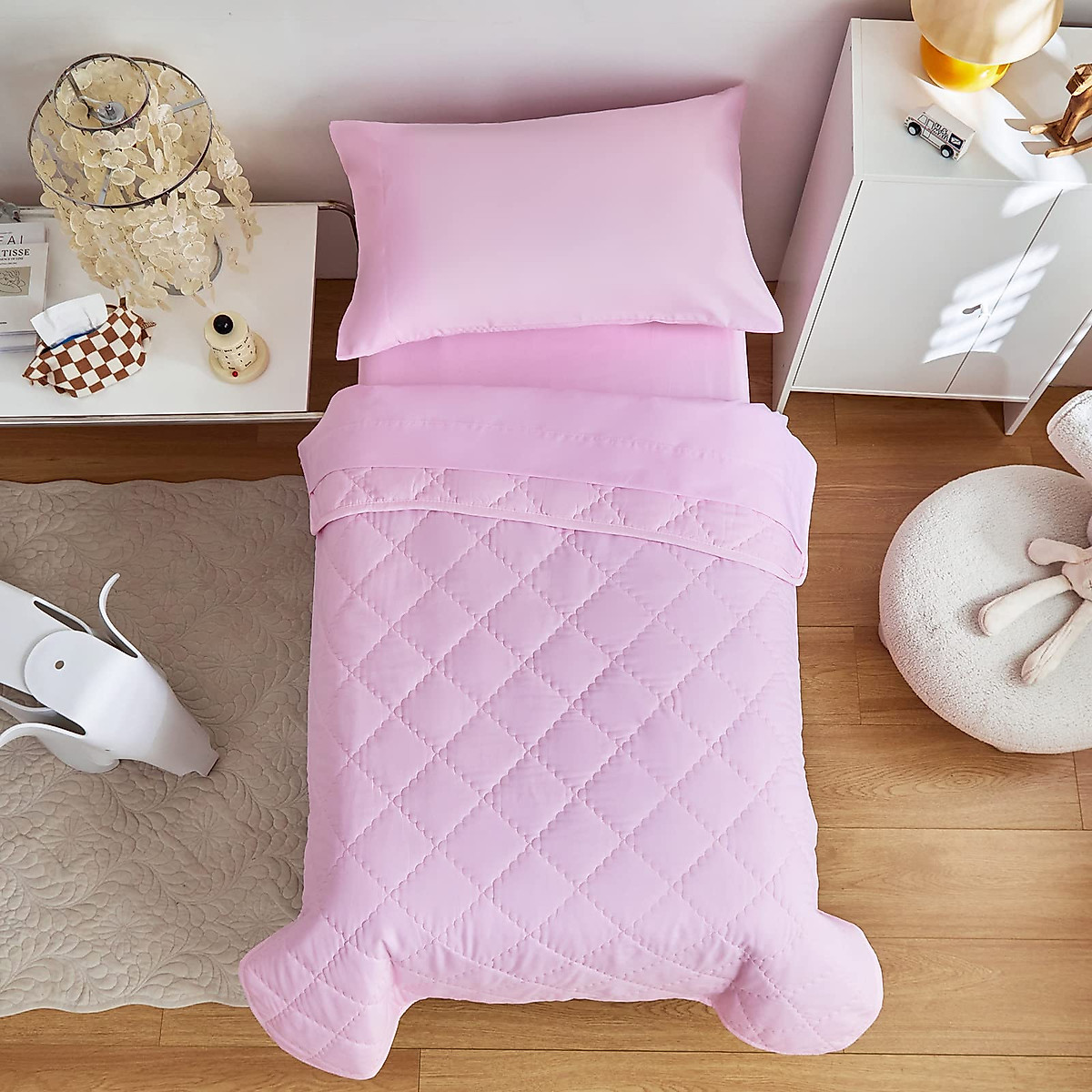 Pink Quilted Toddler Bedding Set 4 Pieces Summer Toddler Bed Quilt Set Includes Toddler Size Bedspread, Flat Sheet, Fitted Sheet and Pillowcase