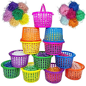 12PCS Plastic Easter Egg Baskets with Handles for Kids - 120g Easter Grass Stuffers for Easter Baskets Bulk Hunting,Colorful Round Easter Baskets Empty Set for Toddler Boys Girls for Festival Party