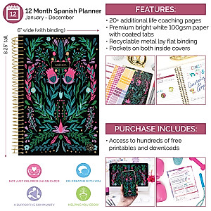 bloom daily planners UNDATED Spanish Calendar Year Day Planner - Passion/Goal Organizer - Monthly/Weekly Agenda Book with Tabs (January to December) - 6" x 8.25" - Folky Floral
