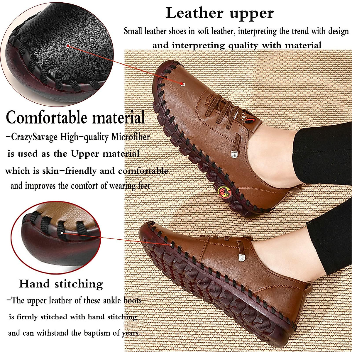 CrazySavage Women's Leather Soft Beef Tendon Flat Bottom Loafers Slip-on Handmade Round Toe Non-Slip Breathable Mom Leisure Walk Shoes (White,10,Women,10)