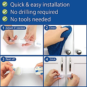 Clean Air Guard Child Safety Strap Locks (4 Pack) - Cabinet Locks for Babies - Fridge, Cabinets, Drawers, Dishwasher, Toilet, 3M Adhesive No Drilling - Baby proofing - Child Proof Cabinet latches