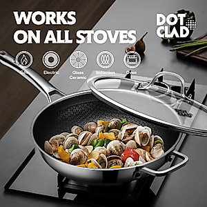 DOTCLAD Wok pan,Hybrid 12 inch Wok with Lid, PFOA Free Cookware,non stick Stainless Steel Woks & Stir-fry pans Nonstick, Dishwasher and Oven Safe, Works on Induction