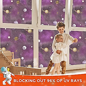 Viseeko Window Privacy Film: Frosted Window Clings Space Planet Pattern Window Decals Static Cling Window Sticker Non-Adhesive for Kids Room Home Office(Purple, 17.5x78.7Inches)