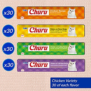INABA Churu Cat Treats, Lickable, Squeezable Creamy Purée with Vitamin E, 0.5 Ounces per Tube, 120 Tubes Total, Chicken Variety