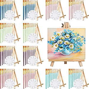 12 Sets Painting Set with 7.09 x 9.45 Inch Easels, 144 Pcs Painting Supplies Kit Including 12 Pcs Wood Easels, 12 Packs of 10 Style Paintbrushes, 12 Pcs Palettes for Kids Adults Art Drawing Party