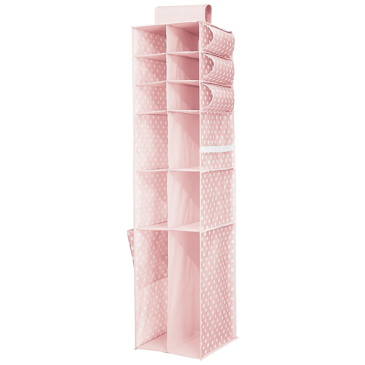 mDesign Long Fabric Hanging Organizer - Over Closet Rod Storage with 12 Shelves and Side Pockets for Baby Nursery Bedroom Organization - Hold Clothes, Linens, Toys, Accessories - Pink/White Polka Dot