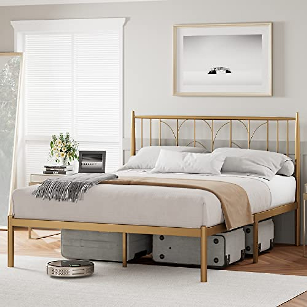 Senfot Bed Frame, Gold Metal Queen Size Platform Bed Frame with Headboard, Heavy Duty Metal Slat Support, Mattress Foundation, Noise Free Design, Easy Installation, Gold