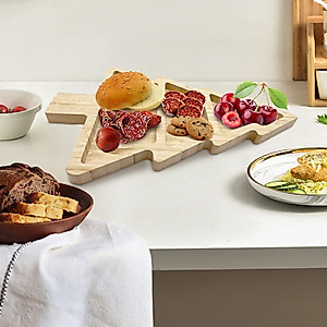 Bamboo Serving Platter, Multiple Spaces Reusable Bamboo Plates, Novel Shape Charcuterie Board Set with Knife & Fork, Fruit, Bread, Salad Plate for Christmas Thanksgiving (Christmas Tree)