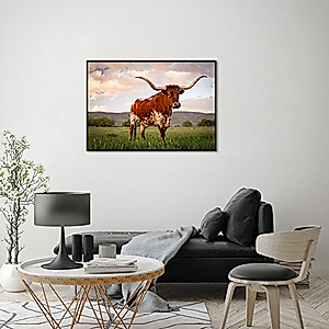 Visual Art Decor Large Animals Canvas Wall Art Texas Longhorn in Sunset Farm Picture Prints Framed and Stretched Painting for Modern Home Living Room Decoration (28"x40" Origin)