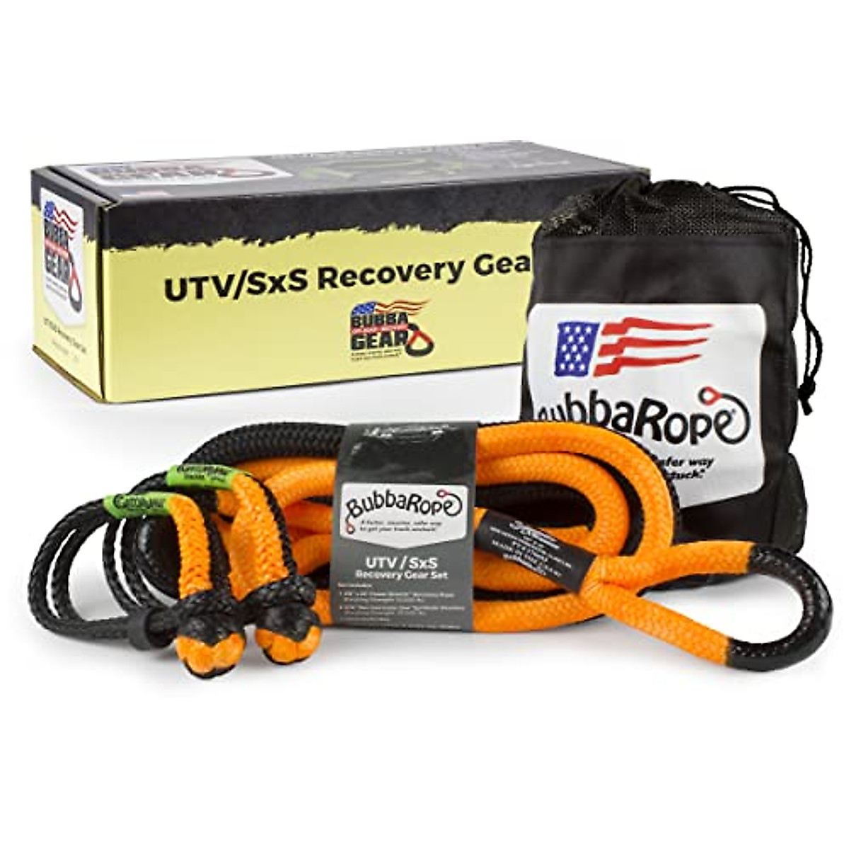 Bubba Rope Heavy-Duty Off-Road ATV, UTV & SxS Tow Recovery Gear Set – Power Stretch Recovery Rope, 5/8” x 20’ & NexGen PRO Gator-Jaw Synthetic Shackles, 5/16” x 5 .5” Orange