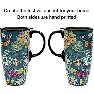 Topadorn Coffee Ceramic Mug Porcelain Latte Tea Cup With Lid 17oz. Floral Symphony, Green Bird