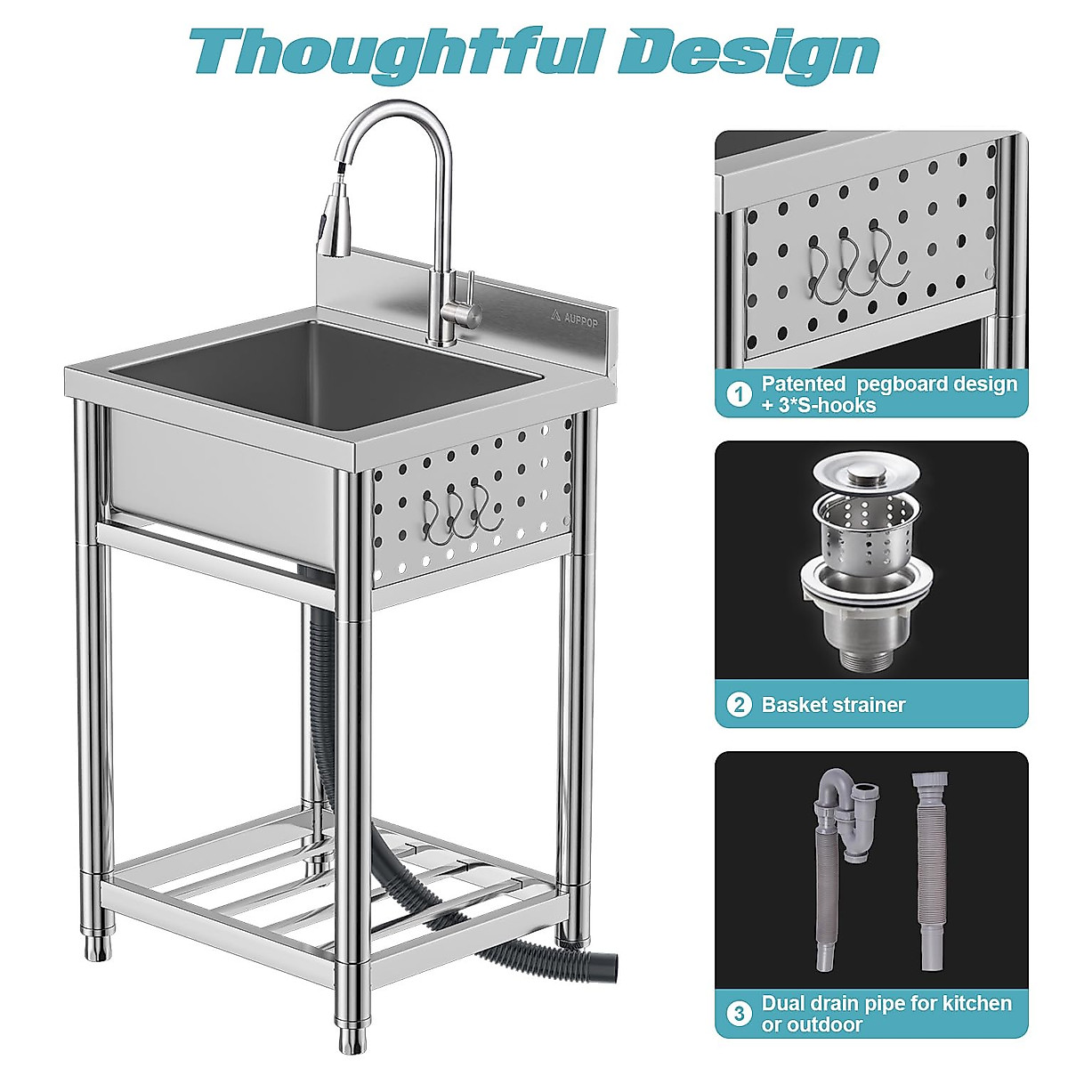 AUPOPP Utility Sink, Stainless Steel Outdoor Sink for Laundry Bar Restaurant, Free Standing Commercial Sink Portable Kitchen Sink Station with Pull-out Faucet, Cold/Hot Water for Farmhouse, Garage