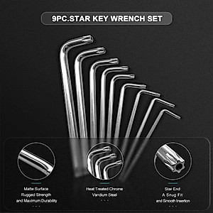 HAUTMEC Star Key Wrench Set, 9-Piece Torx Star Wrenches- Chrome Vanadium Steel and Drilled tips for Tamper Resistant Fasteners, HT0222-SS