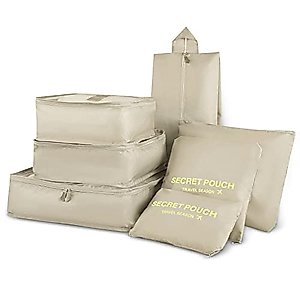 WOOMADA 7 Set Packing Cubes for Suitcases Travel Essentials Luggage Organizer for Travel Accessories Shoe Bag Tioletry Bag Laundry Bag(beige)