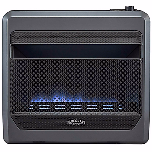 Bluegrass Living B30TPB-BB Ventless Propane Gas Blue Flame Space Heater with Thermostat Control, 30000 BTU, Heats Up to 1400 Sq. Ft., Includes Wall Mount, Base Feet, and Blower, Black