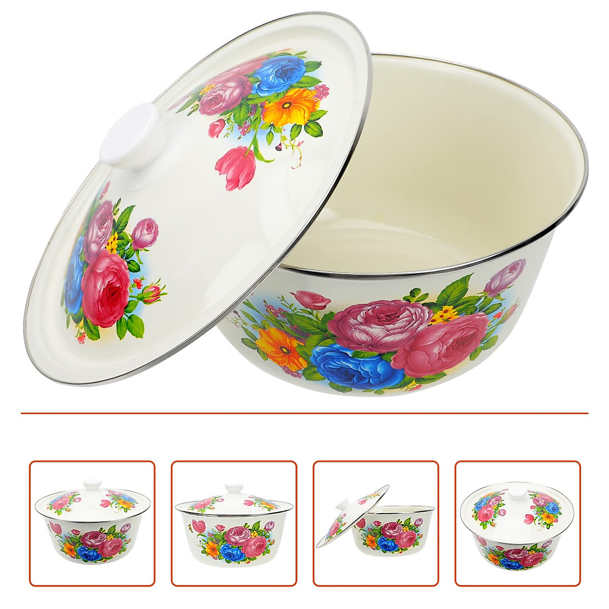 Angoily Enamel Mixing Bowl with Lid Flower Large Salad Bowl Enamelware Washing Basin Chinese Style Soup Bowls Vintage Serving Bowl for Ramen Asian Dishes Cereal Rice Noodle
