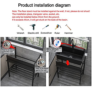 Vardeau Freestanding Stainless Steel Black Utility Sinks,Commercial Kitchen Washing Sink 1Compartment with Faucet,Heavy Duty Hand Washing Basin, 90x45x86cm