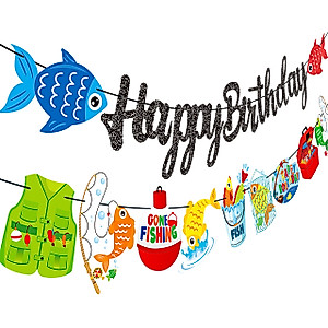 Gone Fishing Happy Birthday Banners Fishing Party Decorations 2Pcs Fisherman Hanging Cutout Garland Banners for Fish Theme Baby Shower Supplies