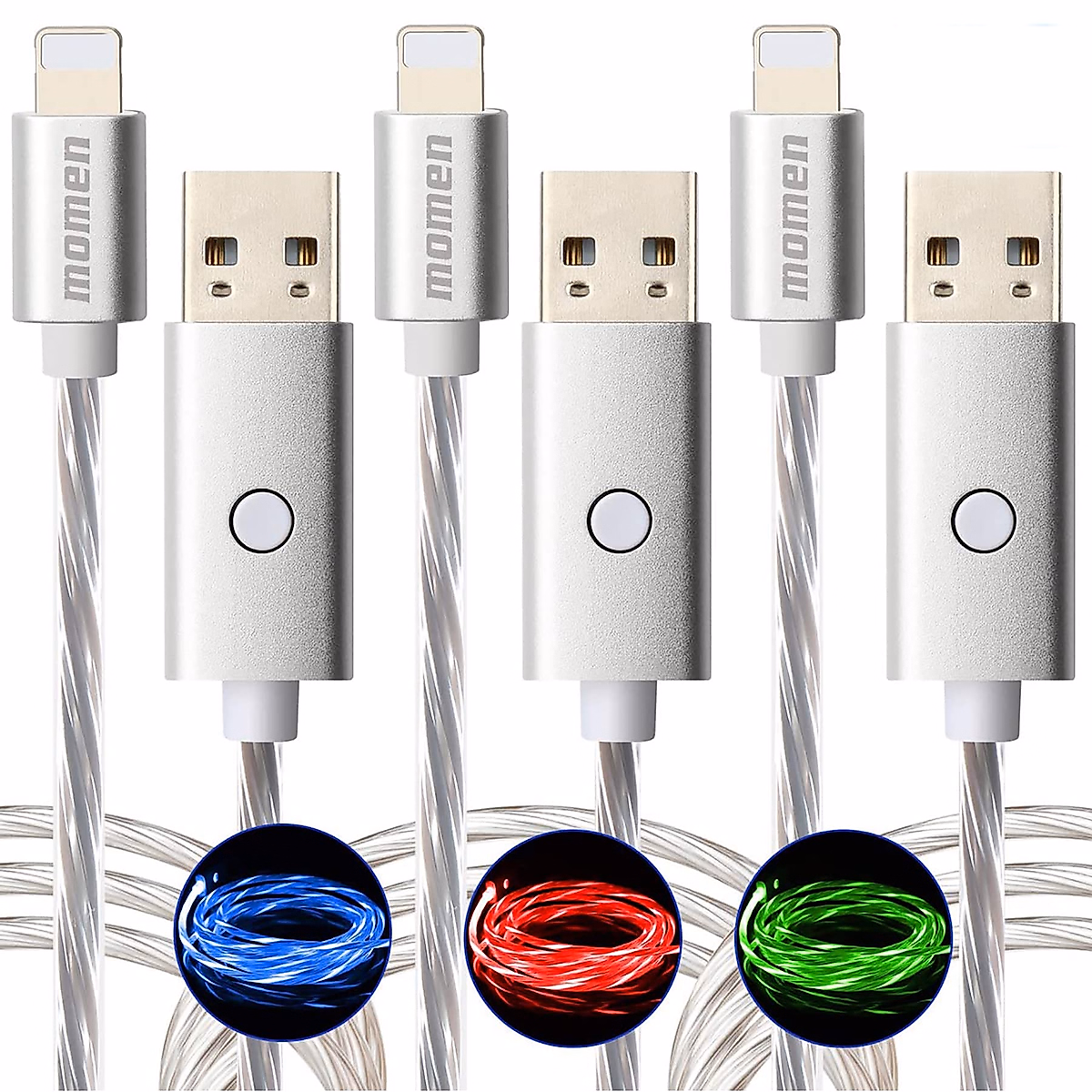 momen LED iPhone Charger Cable, 3 Pack 6FT Lighting Cables with Data Sync Fast Charging Cord Compatible 13/12/11/XS Max/XS/XR/X/8/7/Plus/SE/Pad,Phone Charger Cord Blue & Red & Green