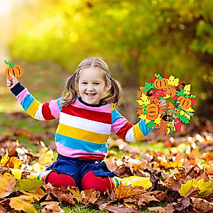 Supla 12 Kits 3D Pumpkin Fall Leaf Wreath Craft Kit DIY Thanksgiving Wreath with Maple Leaves Acorns Bows Wiggle Eyes for Kids Crafts Fall Thanksgiving Halloween Seasonal Decoration