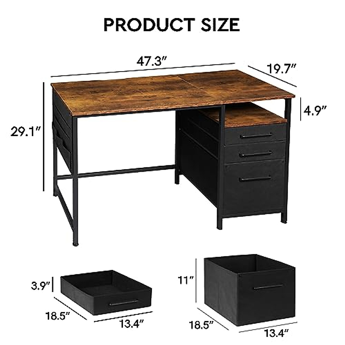 Maihail Computer Desk with Drawers, 47" Desk with 2 Drawers and Shelves, Office Desk with Storage, Desk with Storage Bag, Industrial Desk for Home Office with Metal Frame for PC Laptop, Rustic Brown