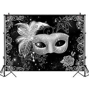 Mocsicka Masquerade Ball Backdrop Black Silver Masquerade Party Background Mardi Gras Costume Party Cake Table Decoration Banner Photo Booth Props (7x5ft)