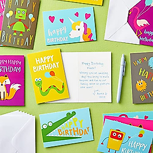 Best Paper Greetings 48 Pack Assorted Happy Birthday Cards for Kids with Unicorn, Flamingo, Monster, and Fox Designs (4x6 In)