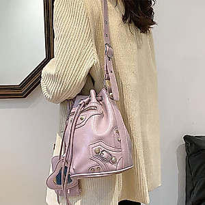 Large Capacity Bucket Bag Purses for Women, Cool Studded Punk Motocycle Crossbody Bag,PU Leather Drawstring Shoulder City Bag (Purple)