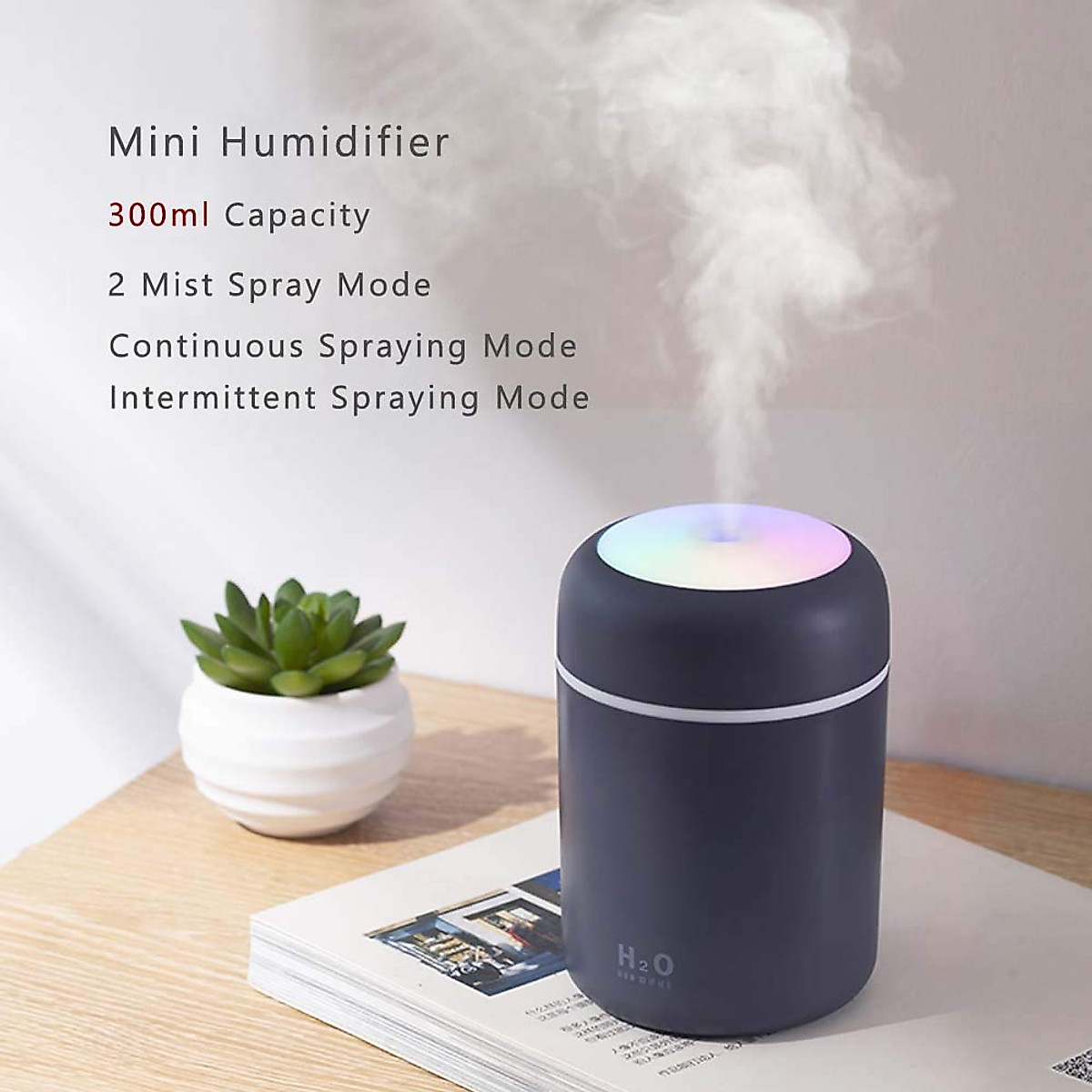 Cool Mist Humidifier, 300ml Mini Portable Humidifier with Multicolor LED Night Light, 2 Mist Mode and Auto Shut-Off, Personal Desktop Humidifier for Home Office Nursery, Super Quiet