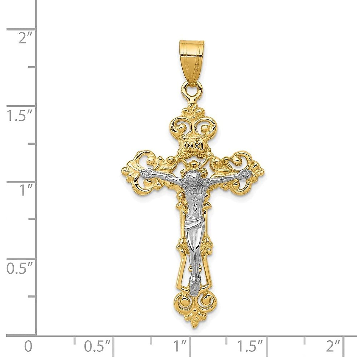 Diamond2Deal 14K White and Yellow Gold INRI Fleur De Lis Crucifix Pendant Fine Jewelry for Women (L- 47 mm W- 23 mm)