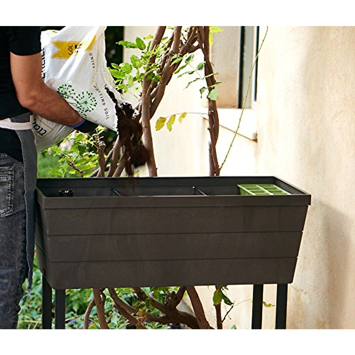 Keter Urban Bloomer 12.7 Gallon Raised Garden Bed with Self Watering Planter Box and Drainage Plug, Dark Grey