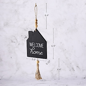 OYATON Welcome Home Wood Hanging Sign Decor, Small Black Rustic Wooden Blocks House Hanging Sign with Beads and Jute Rope Tassel for Wall Farmhouse Decoration,Front Door and Porch Home Decor